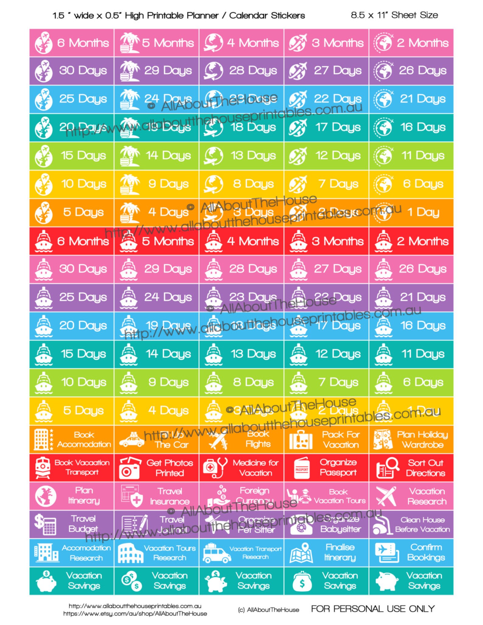 Vacation Printable Planner Stickers Countdown Travel Plane Holiday ...