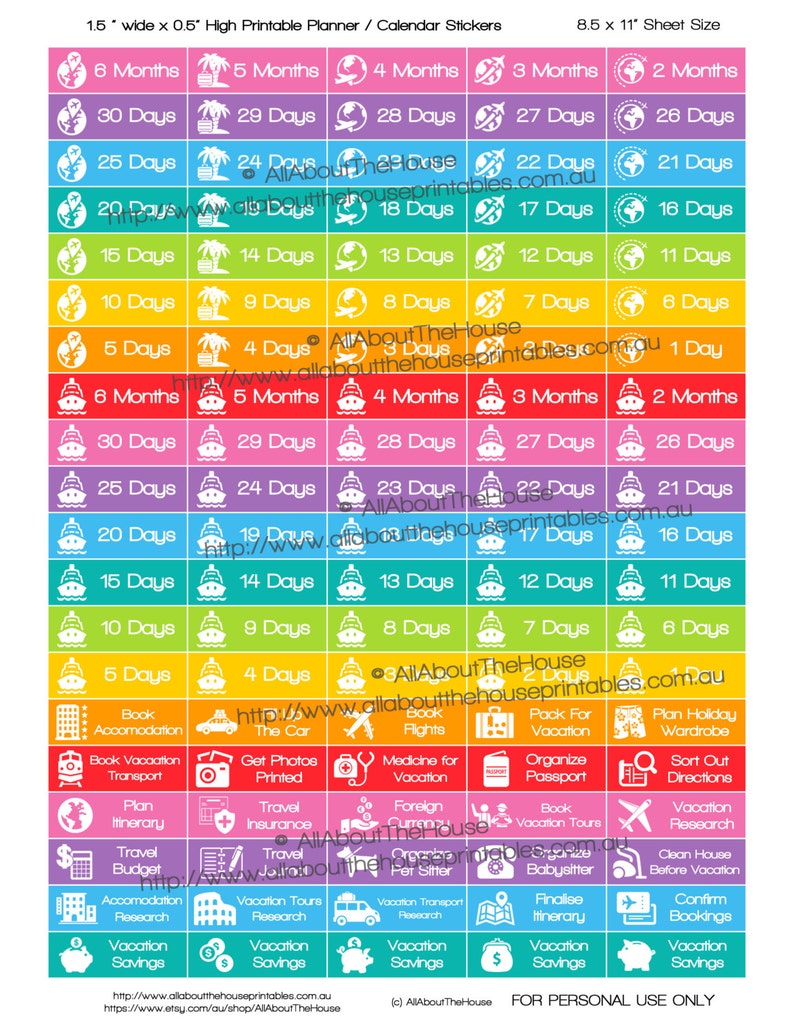 Vacation Printable Planner Stickers Countdown Travel Plane Holiday ...