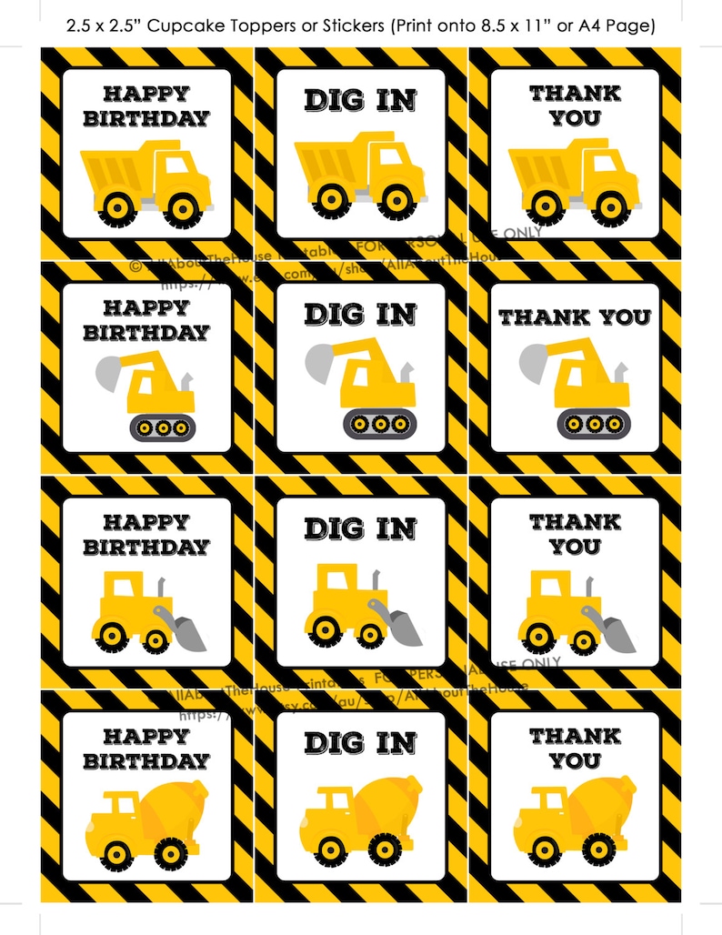 Cupcake Topper Party Printable Construction Thank You Hang - Etsy