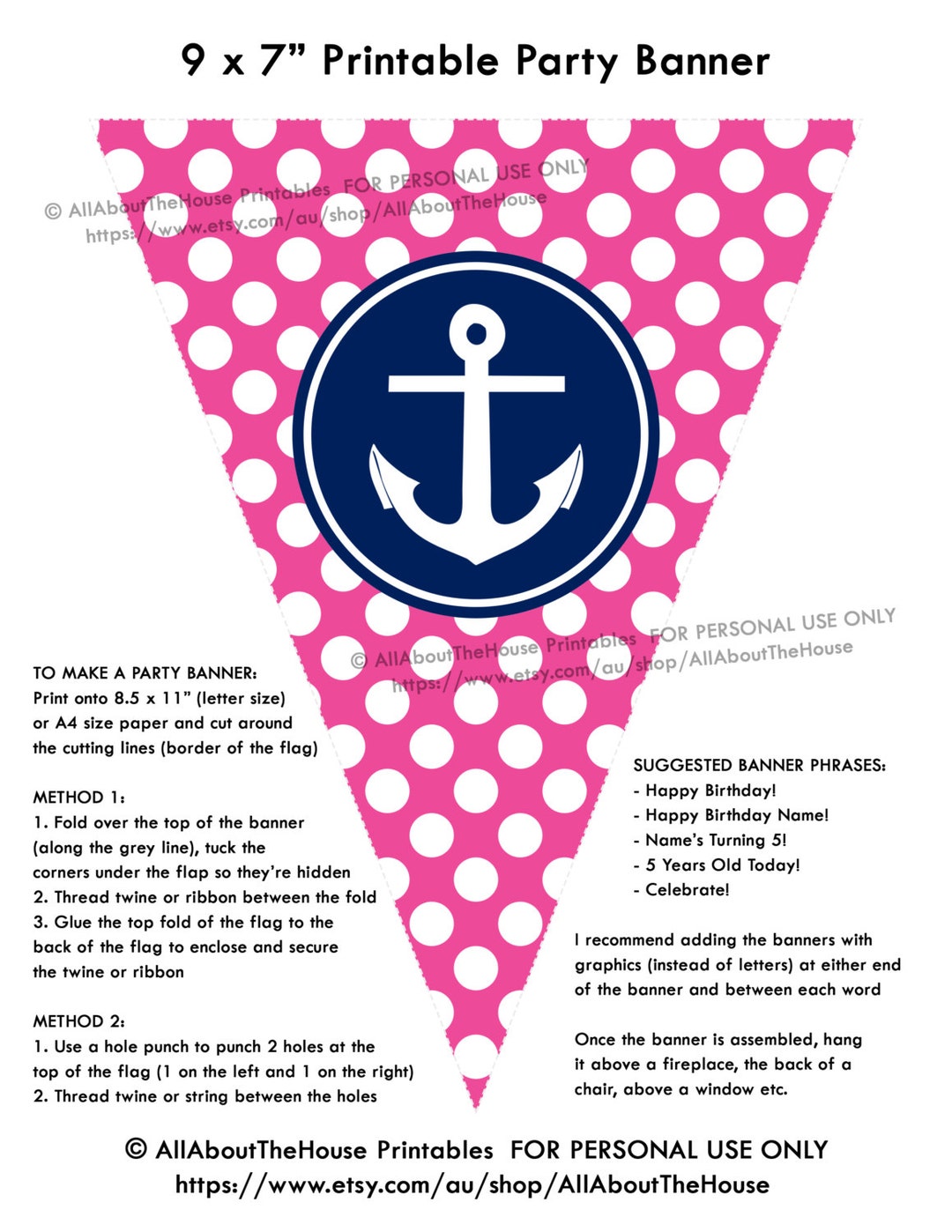 Nautical Party Banner Printable, Bunting, Flag, Girl, Birthday, Navy ...