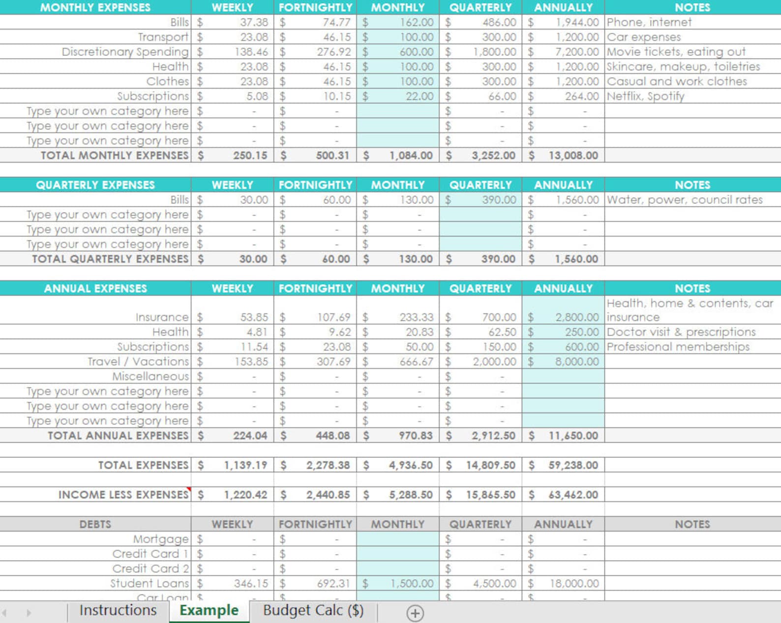 Budget Calculator Excel Spreadsheet Income Expenses Template - Etsy
