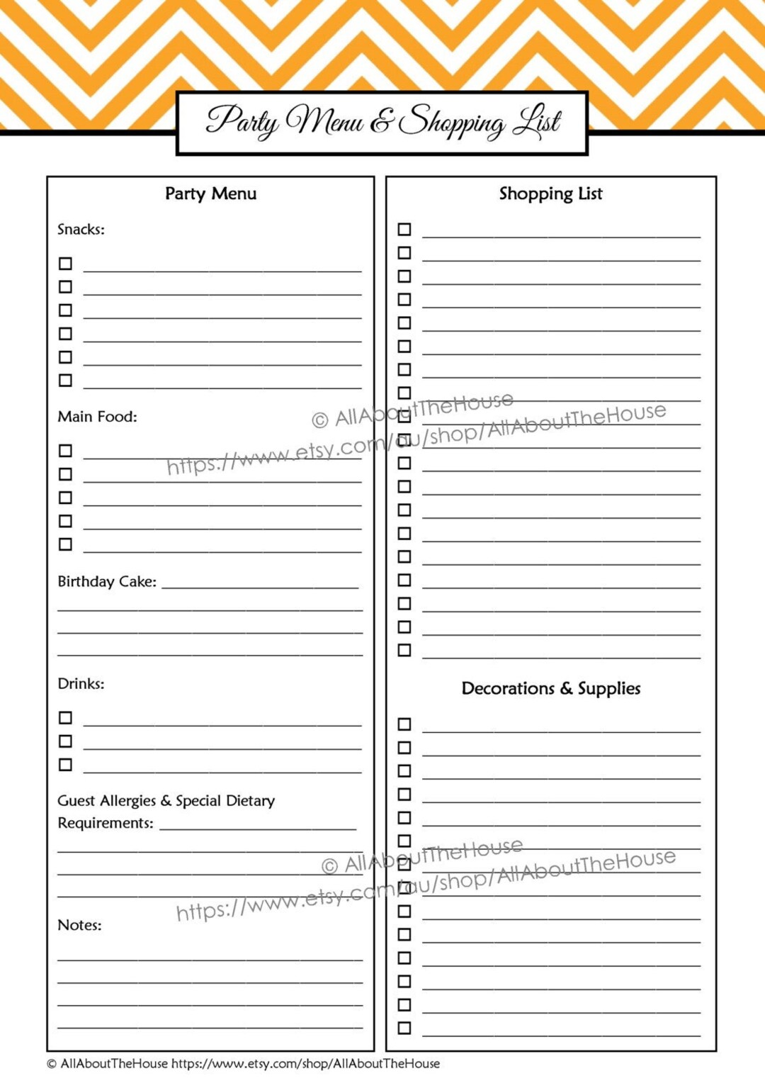 ORANGE Printable Party Planner 14 Sheets PDF Chevron Party - Etsy