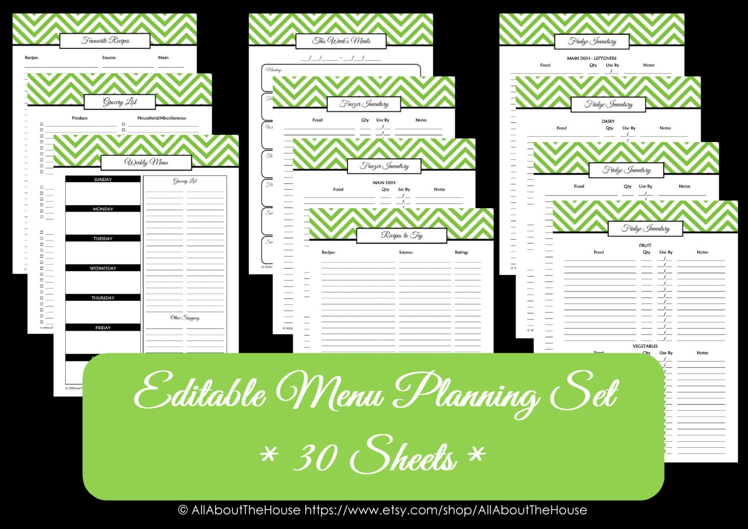 GREEN EDITABLE Menu Planner Printables Meal Planning | Etsy