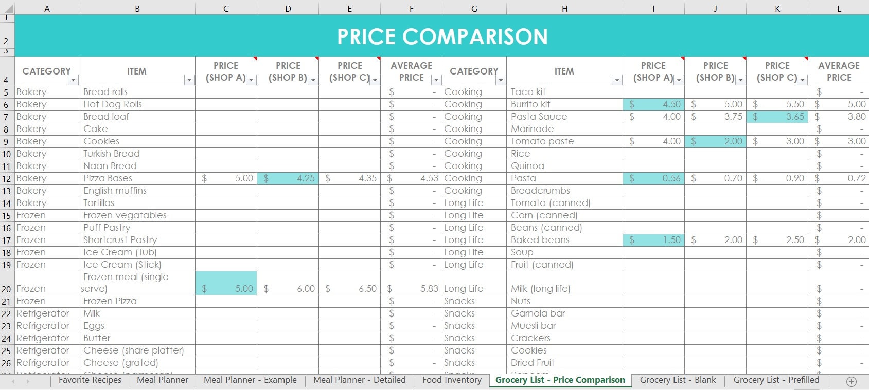 Grocery List Excel Spreadsheet or Use in Google Sheets or Numbers Mac ...