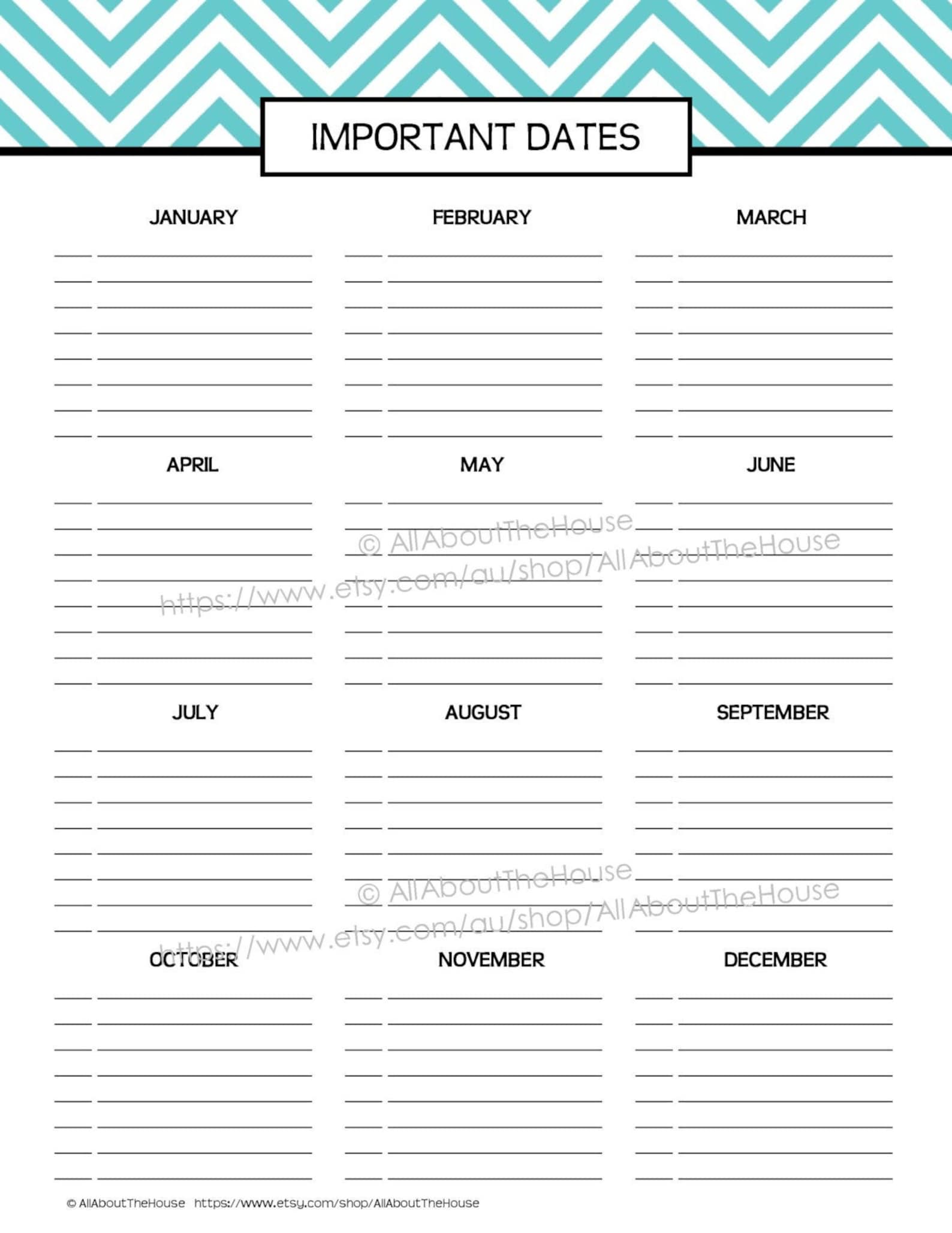 Important Dates Printable Special Planner 2014 2015 Day | Etsy