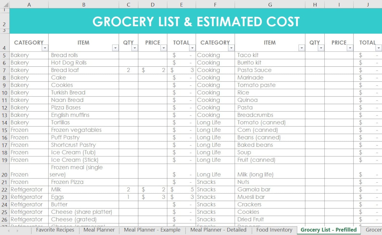 Meal Planning Excel Spreadsheets Grocery List Food Inventory Favorite ...