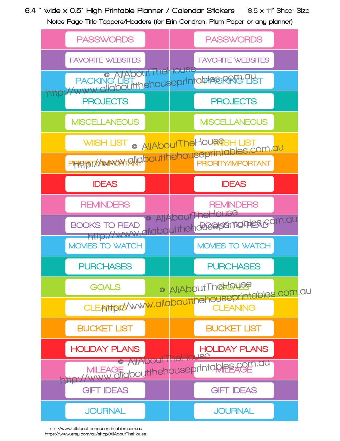 Notes Page Title Topper Header Planner Stickers Checklist Printable to ...