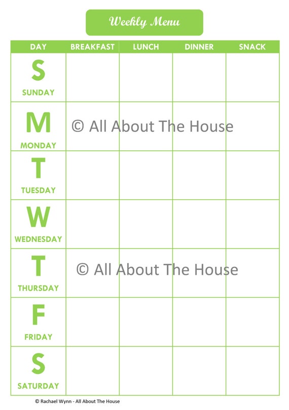 Items similar to Printable Weekly Menu - Meal Planning - Product Number ...