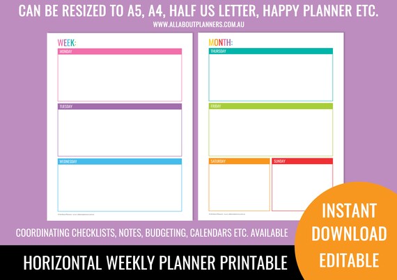 Weekly planner printable horizontal editable 1 page rainbow checklist ...