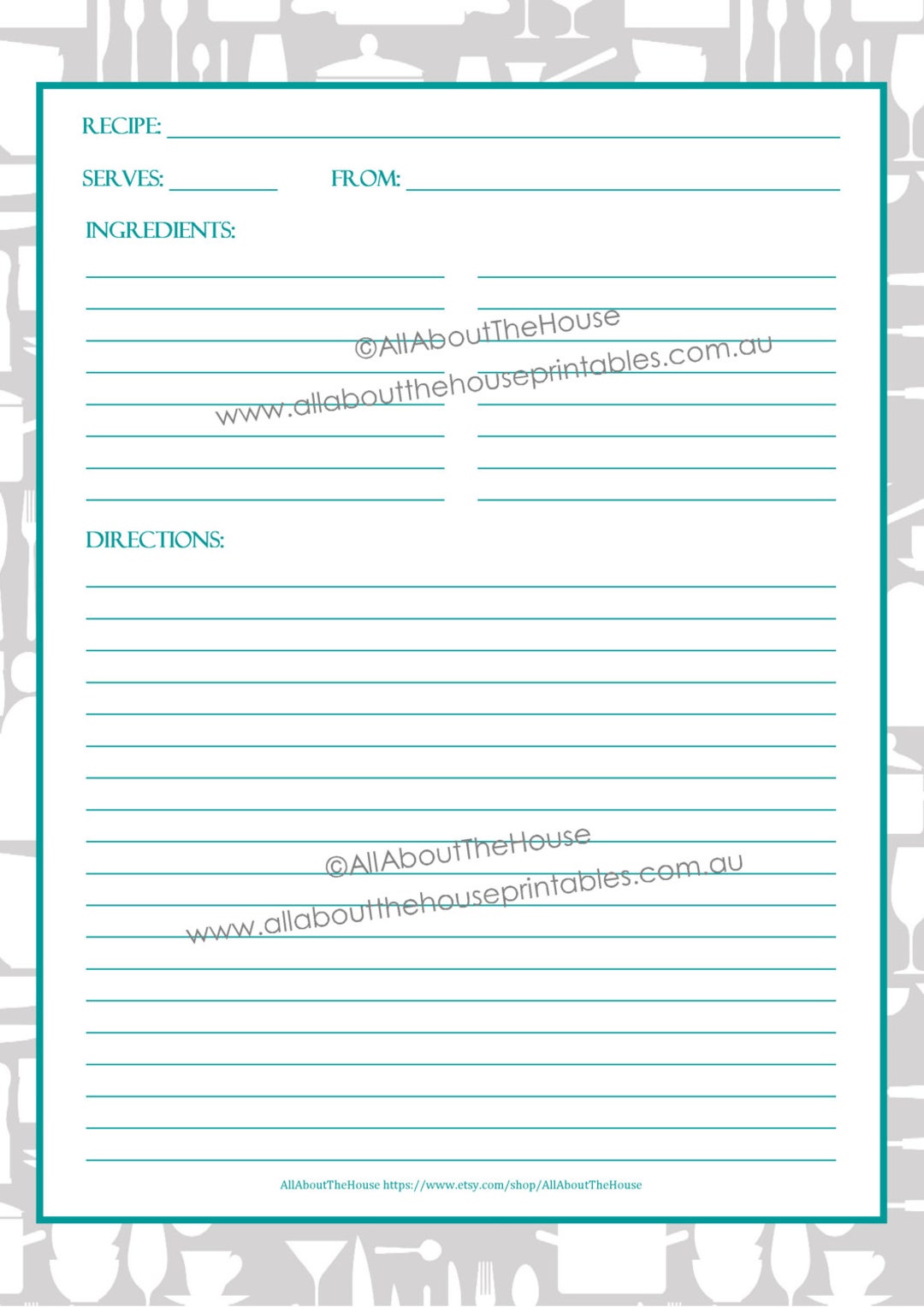 EDITABLE Recipe Card Recipe Sheet Printable Editable PDF Chevron Mint ...