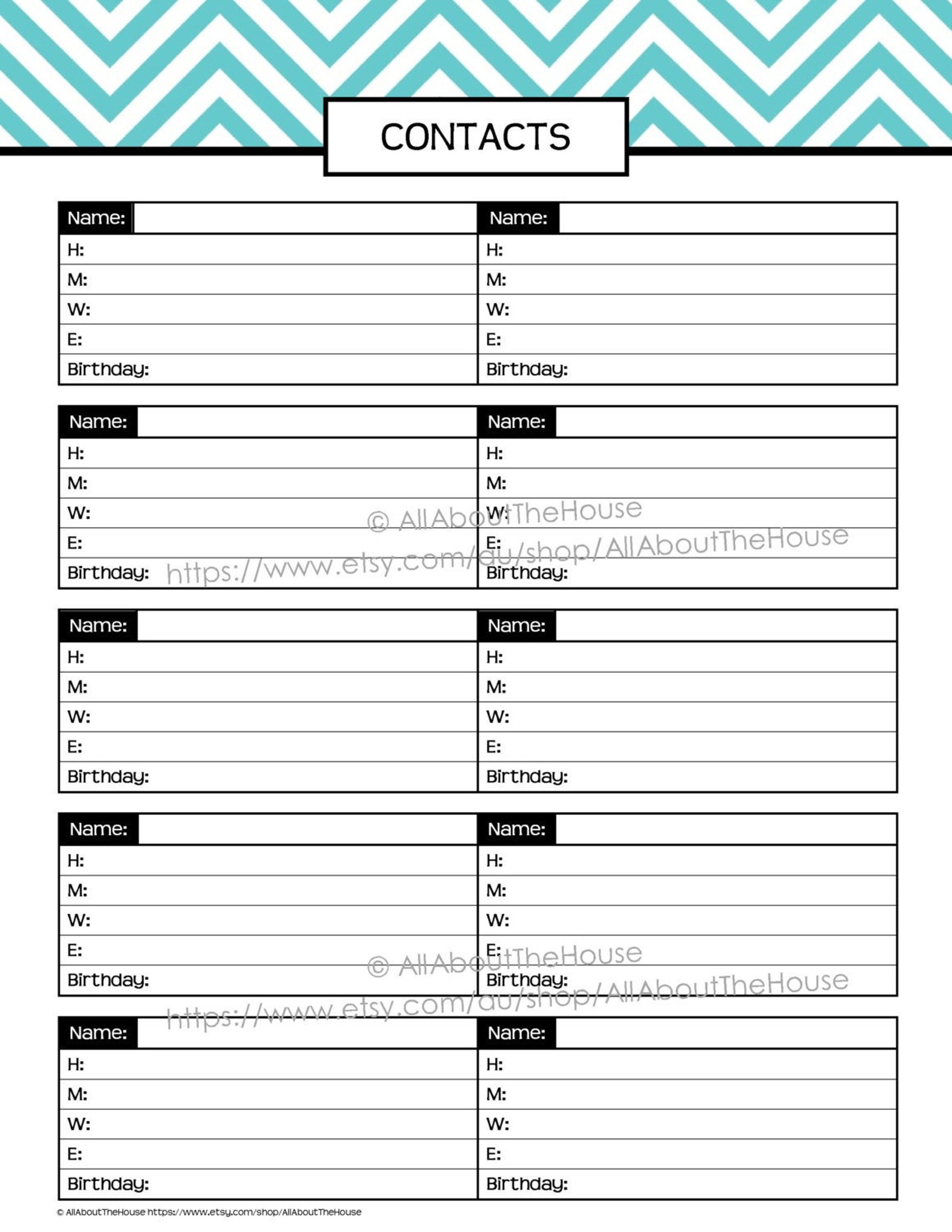 Contacts Printable Chevron Blue PDF Editable Fillable | Etsy