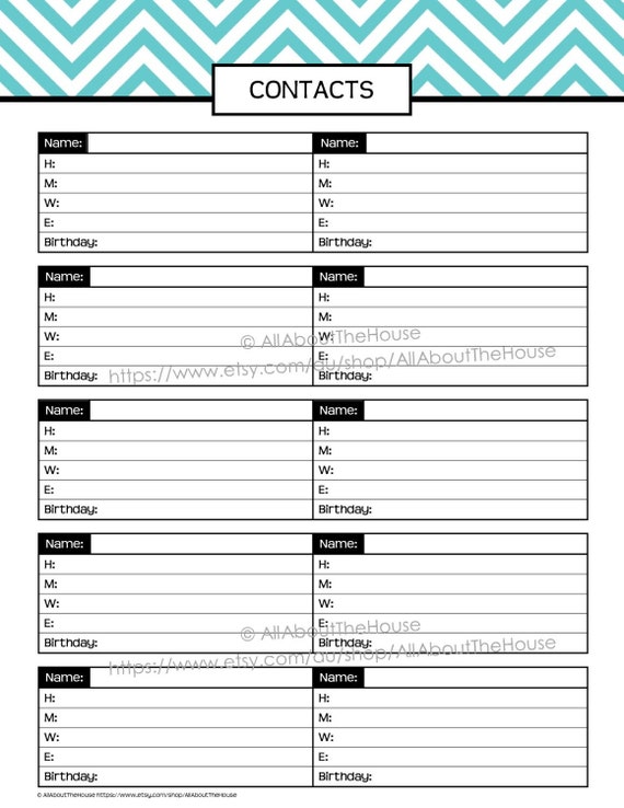 Contacts Printable Chevron Blue PDF Editable Fillable | Etsy