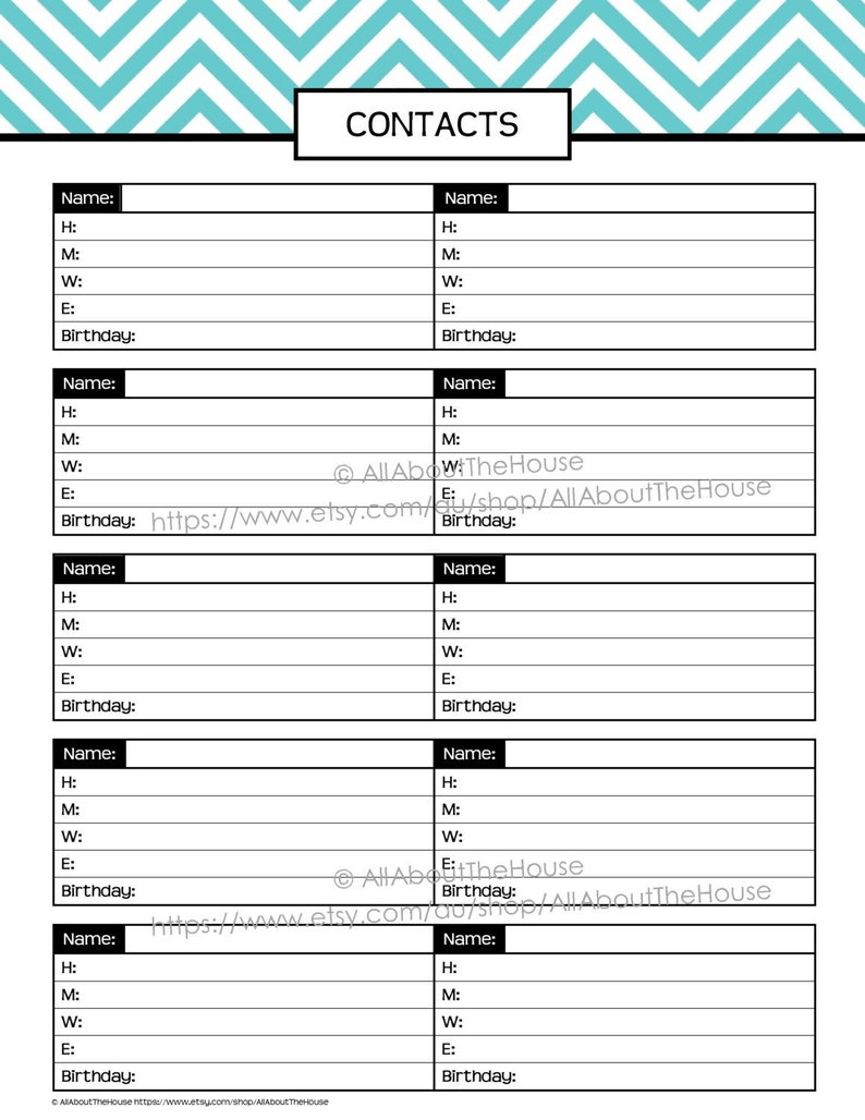Contacts Printable Chevron Blue PDF Editable Fillable | Etsy
