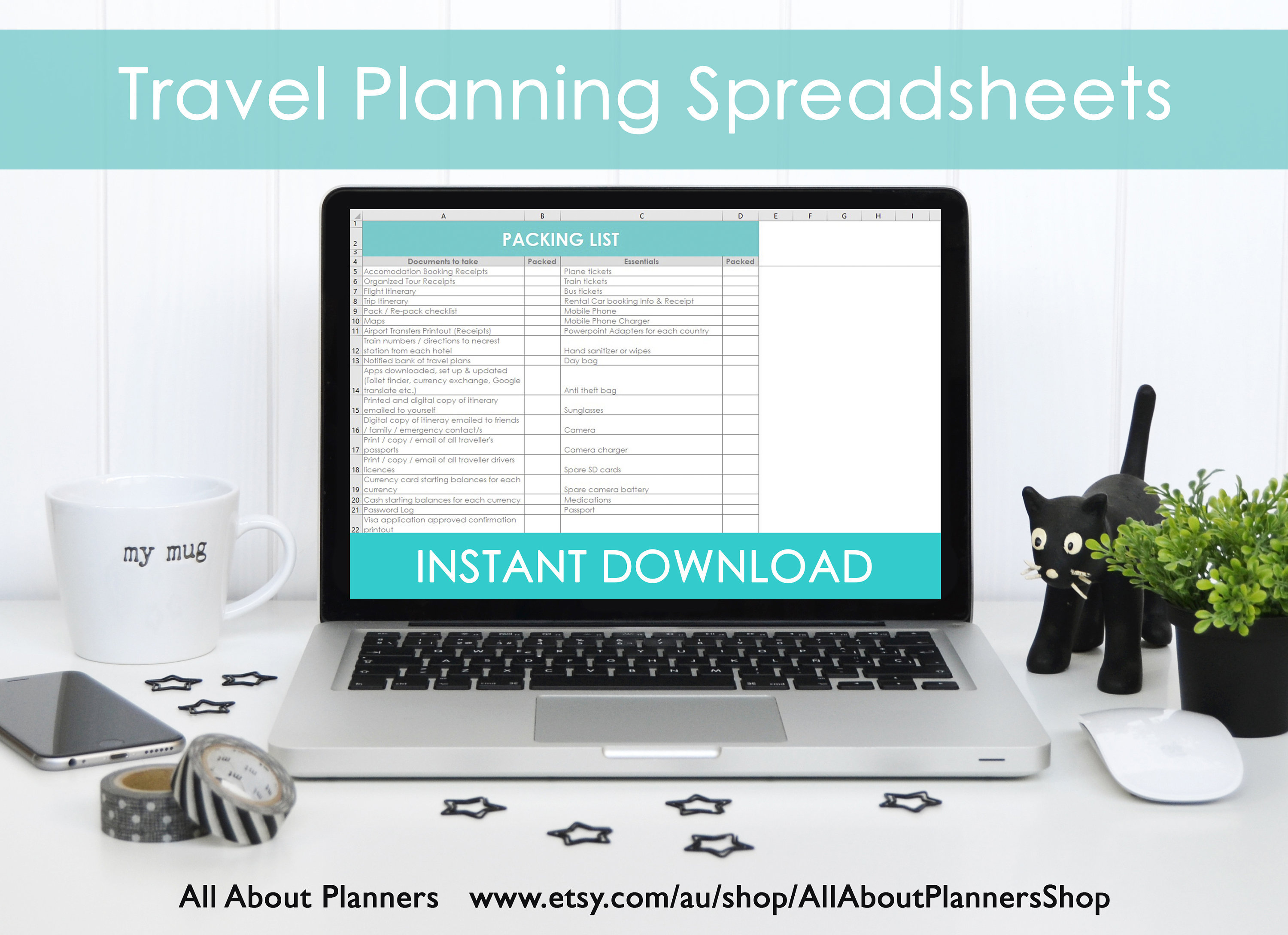 Packing List Travel Planner Excel Spreadsheets Itinerary Monthly by Day ...