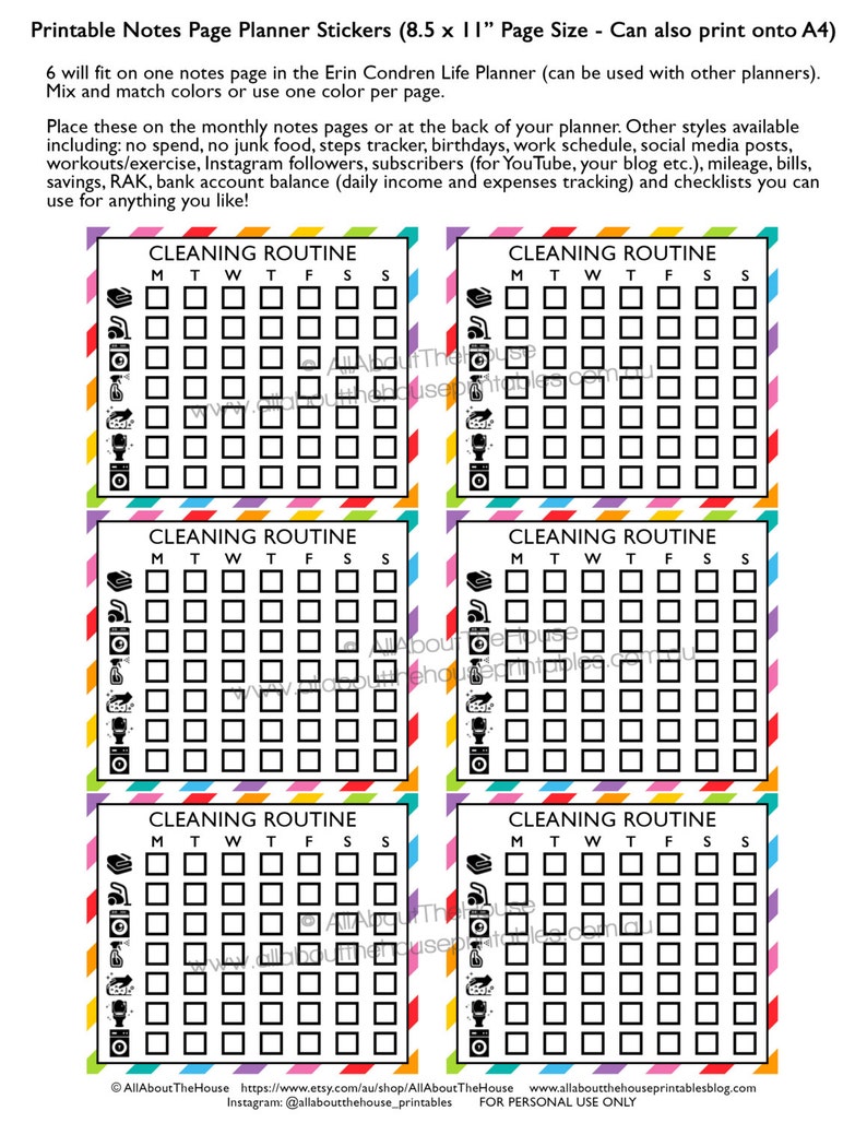 Cleaning Planner Stickers Notes Page Printable Chores Laundry Wash Day ...