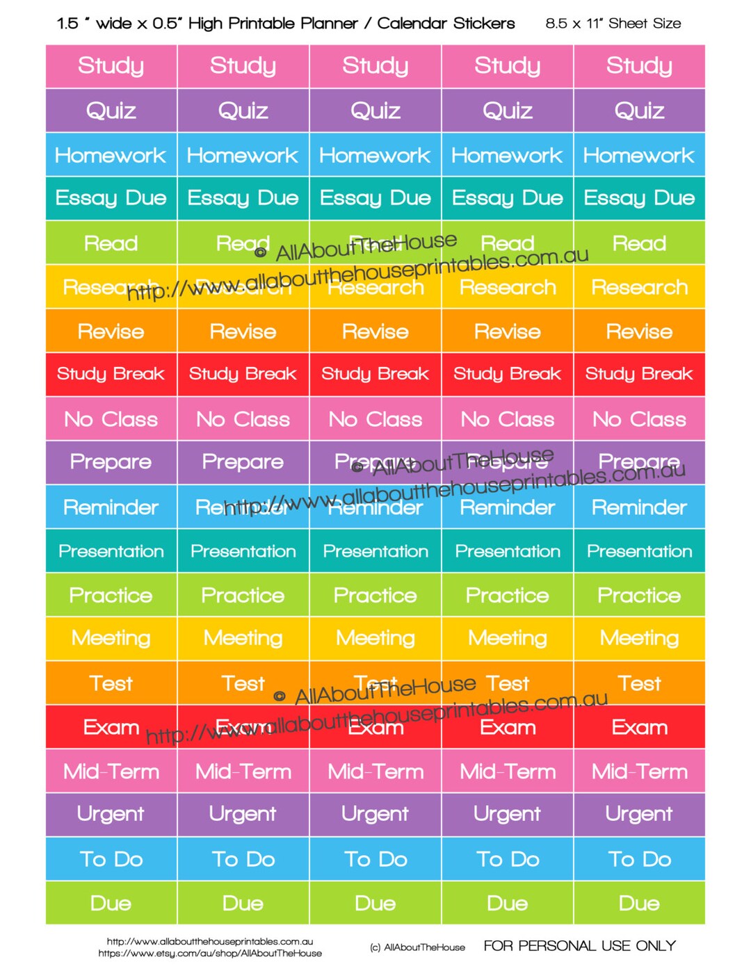 Printable Calendar / Planner Stickers Study School College Organization ...