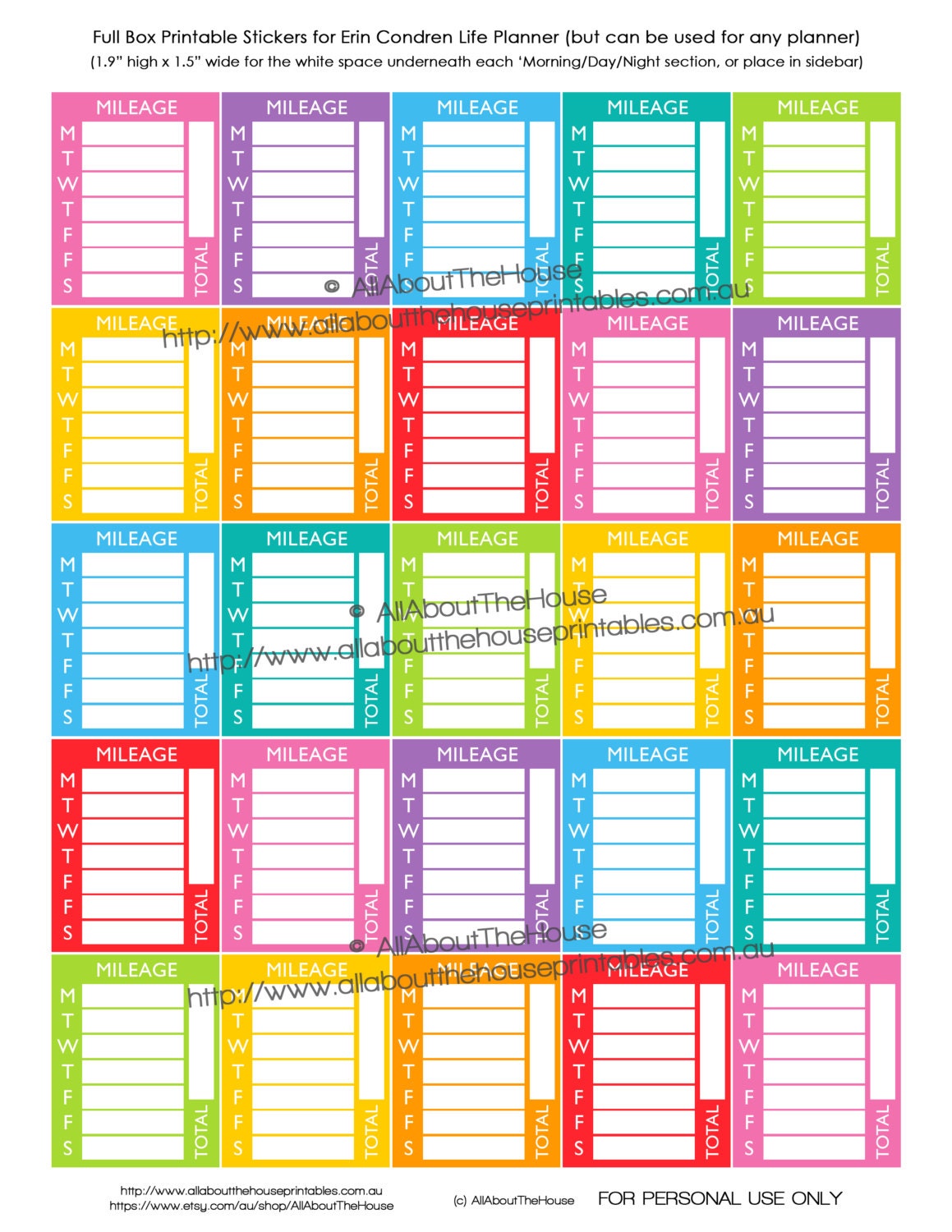 Mileage Stickers Sidebar Weekly Daily Tracking Planner Printable ...