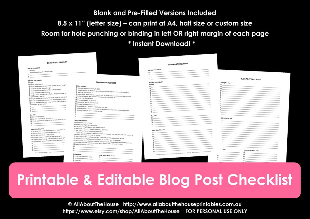 Blog Post Checklist Printable Planner Page Before and After Publish ...