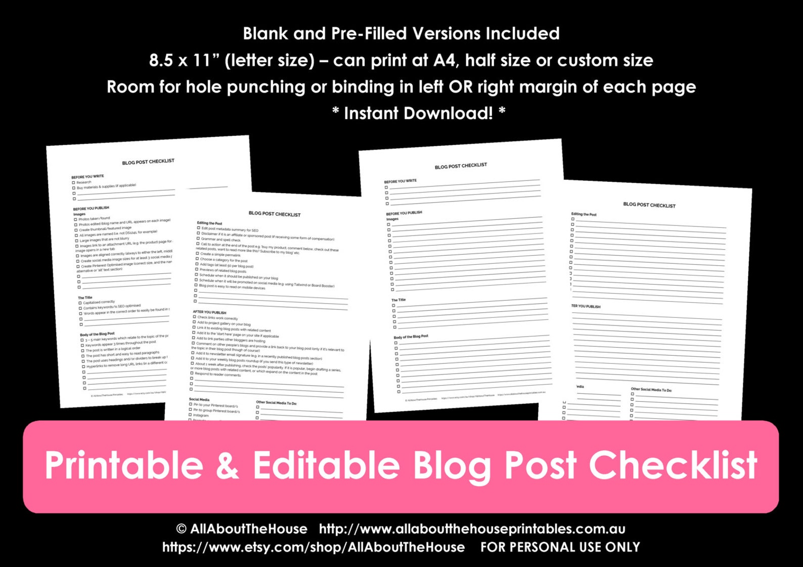 Blog Post Checklist Printable Planner Page Before and After Publish ...