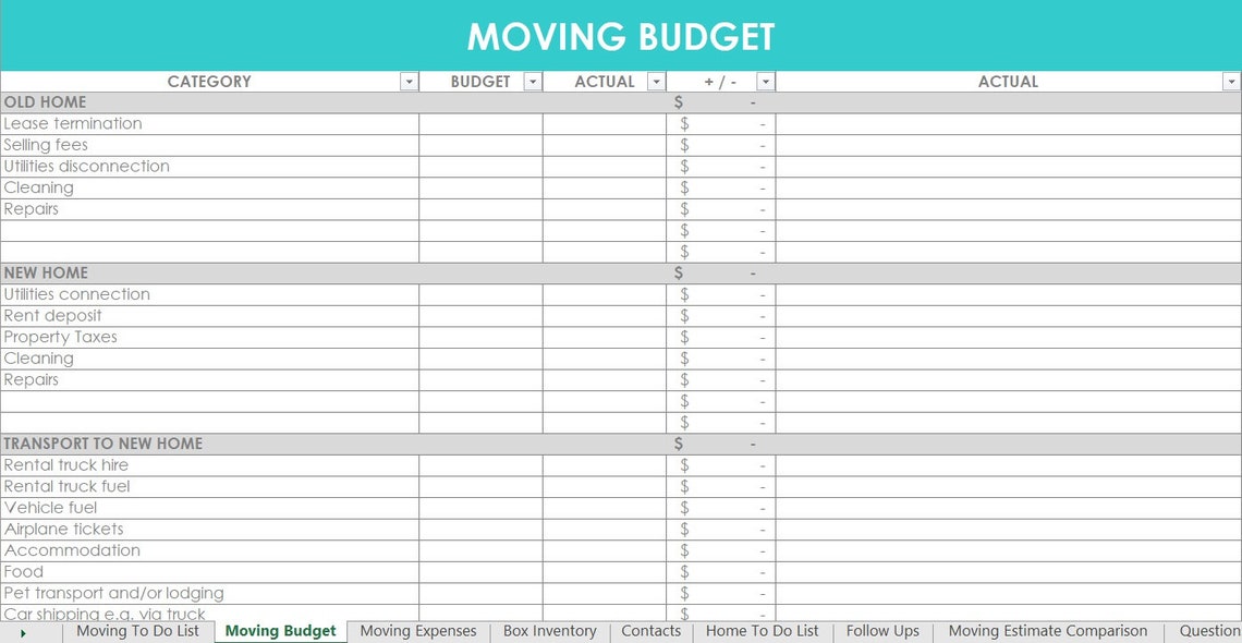 Moving Spreadsheet Planner Checklist Box Labels Budget Change of ...