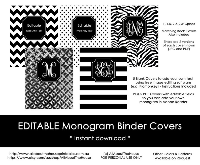 Editable Printable Monogram Binder Cover and Spine Chevron - Etsy