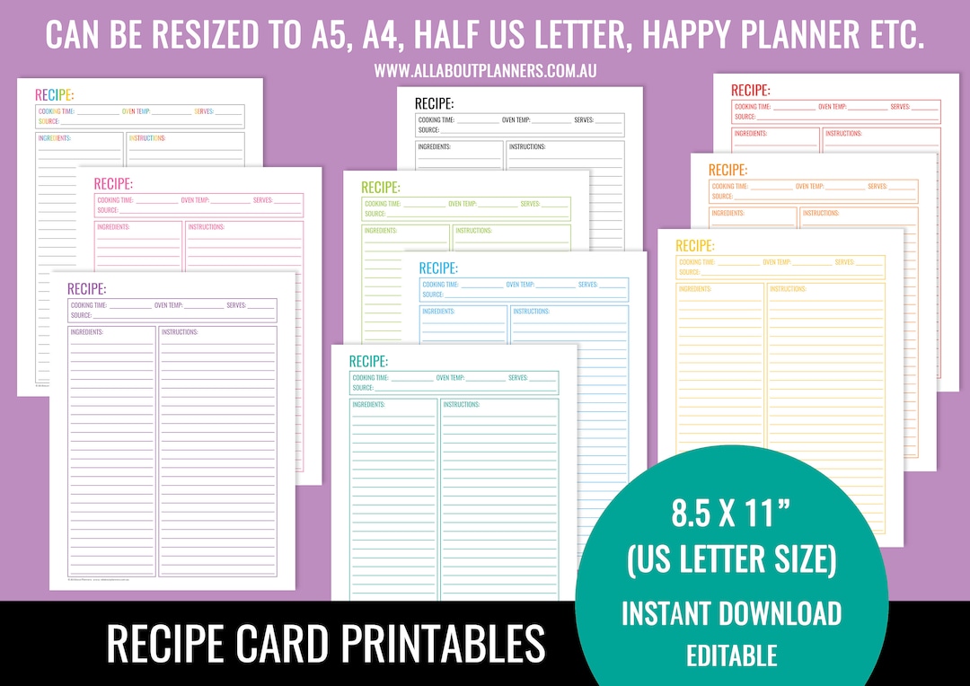 EDITABLE Printable Recipe Card, Template, Pdf, Sheet, Recipe Page ...