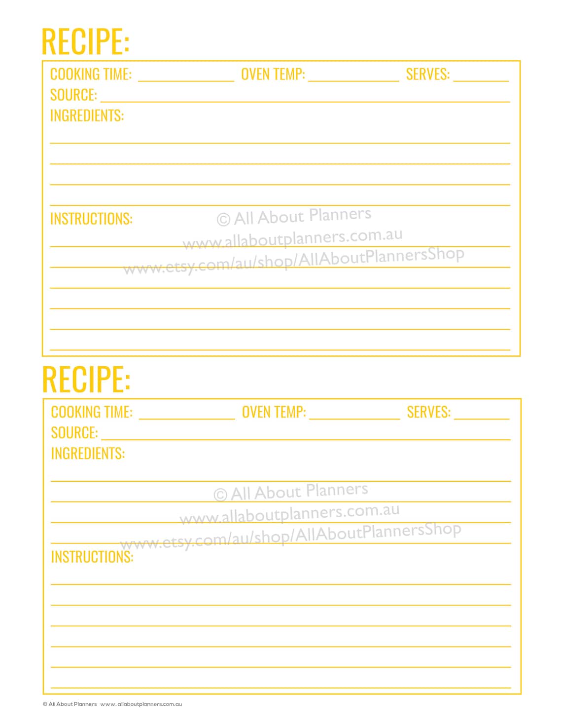 EDITABLE Printable Recipe Card Template Pdf Sheet Recipe | Etsy