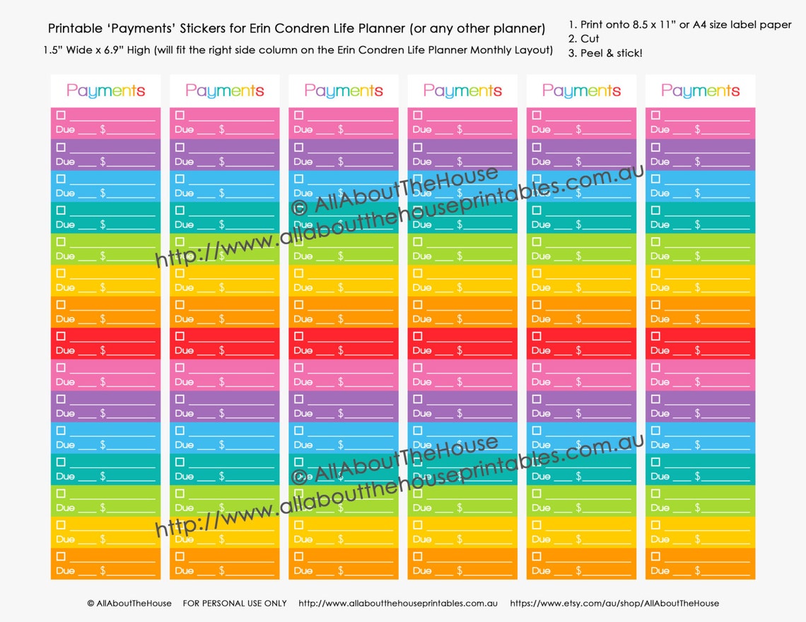 Bill Payments Printable Planner Stickers for Erin Condren - Etsy