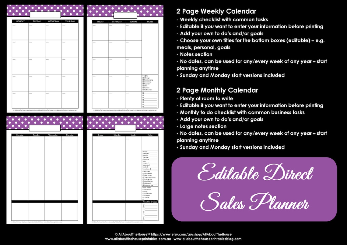 Direct Sales Calendar and Weekly Planner Printable Polka Dot Perpetual ...