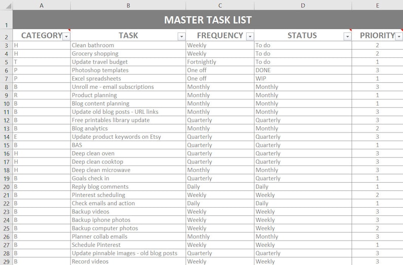 Buy To Do List Master Task List Spreadsheet Excel Google Sheet Online ...