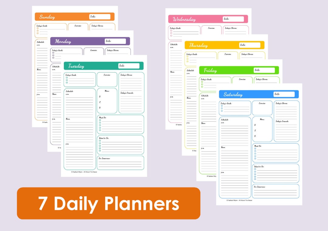 Printable Daily Planners - Time Management - 7 Pages - Color Coded ...