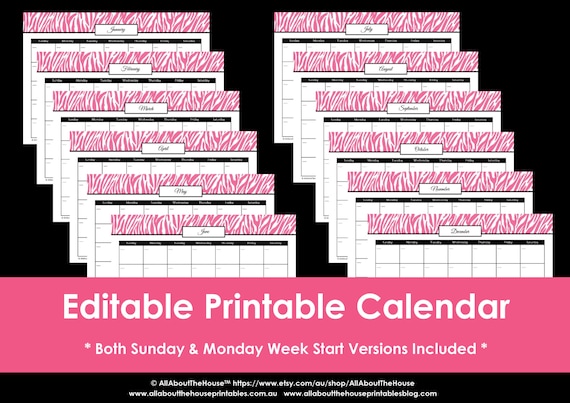 EDITABLE pink zebra calendars - You Choose - 2016, 2017 etc! Perpetual ...