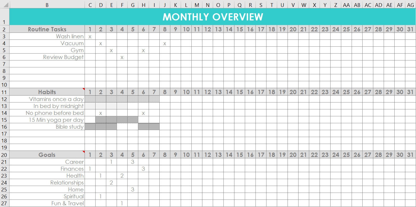 Monthly Habit Tracker Spreadsheet Excel Routine Tasks, Goals, Google ...