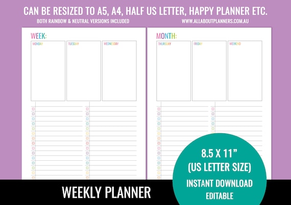 Weekly planner printable editable monday start checklist rainbow ...