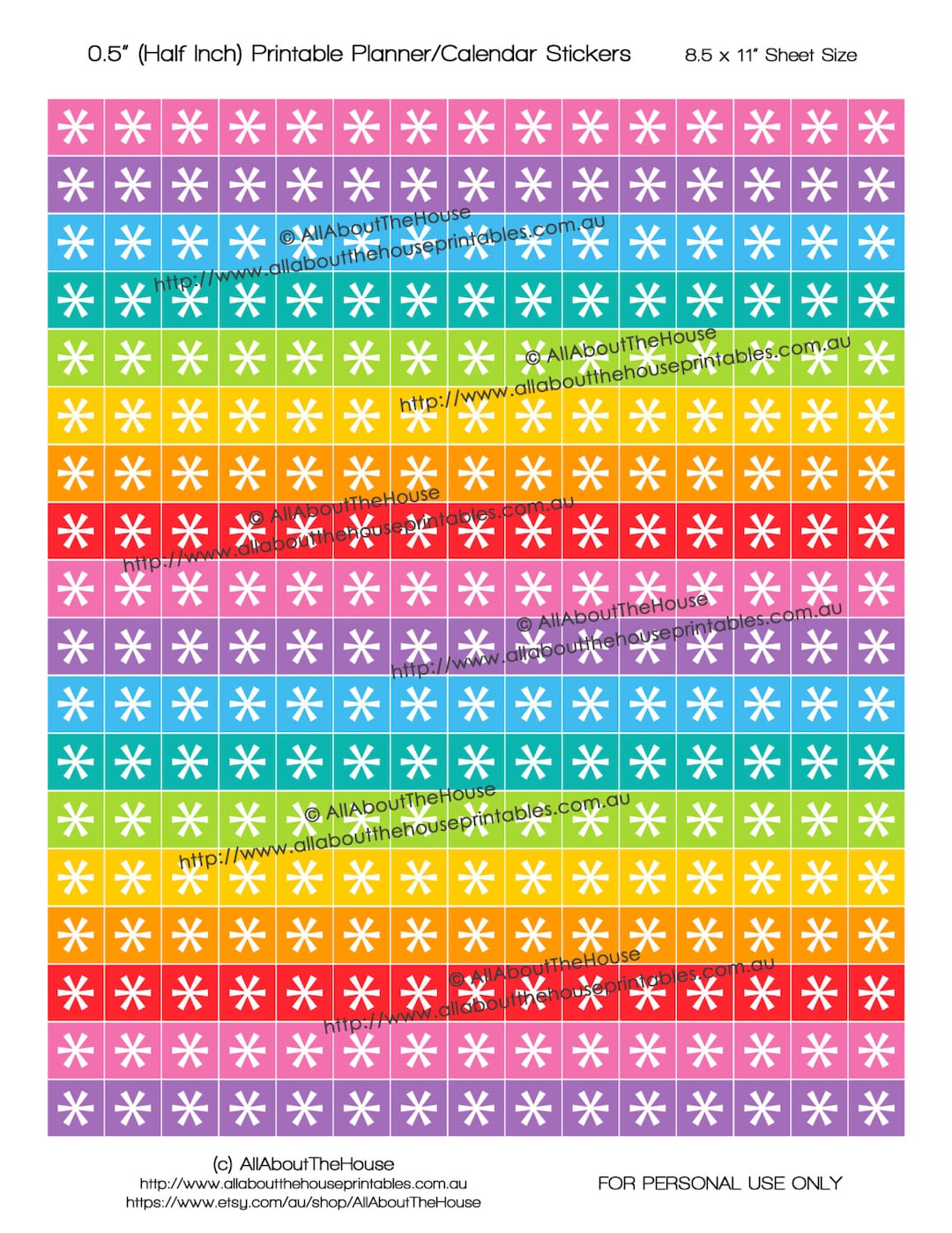 Asterisk Planner Stickers Printable 1/2" Square Rainbow Multicolored ...