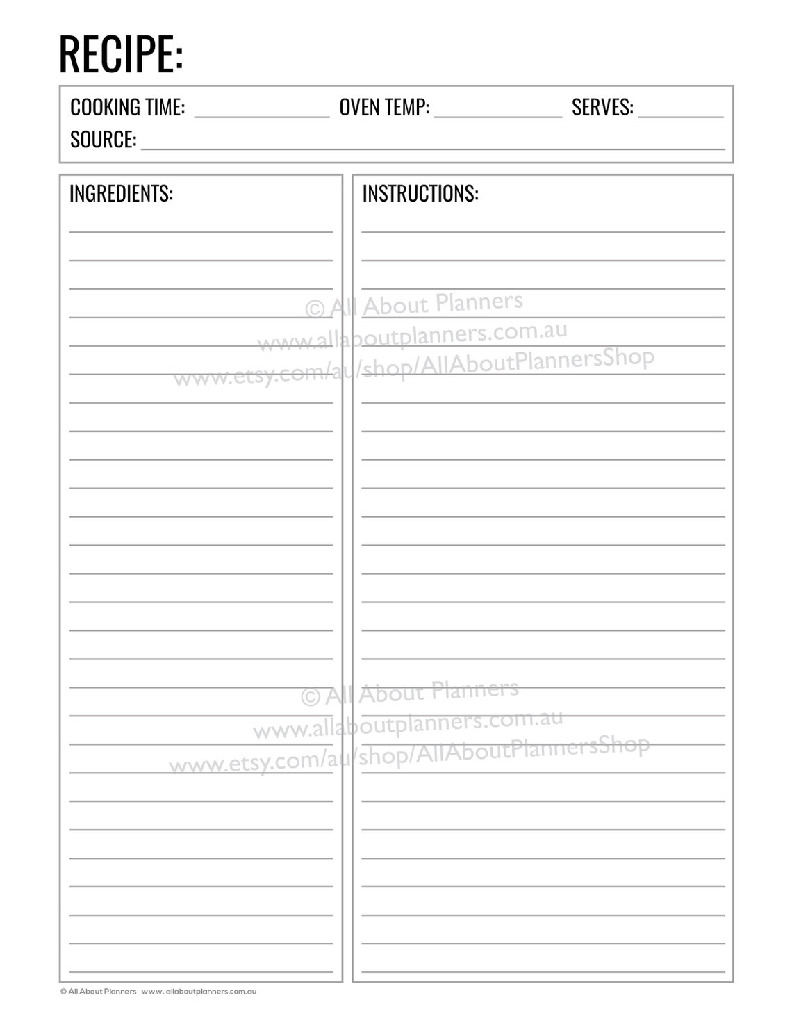 EDITABLE Printable Recipe Card, Template, Pdf, Sheet, Recipe Page ...