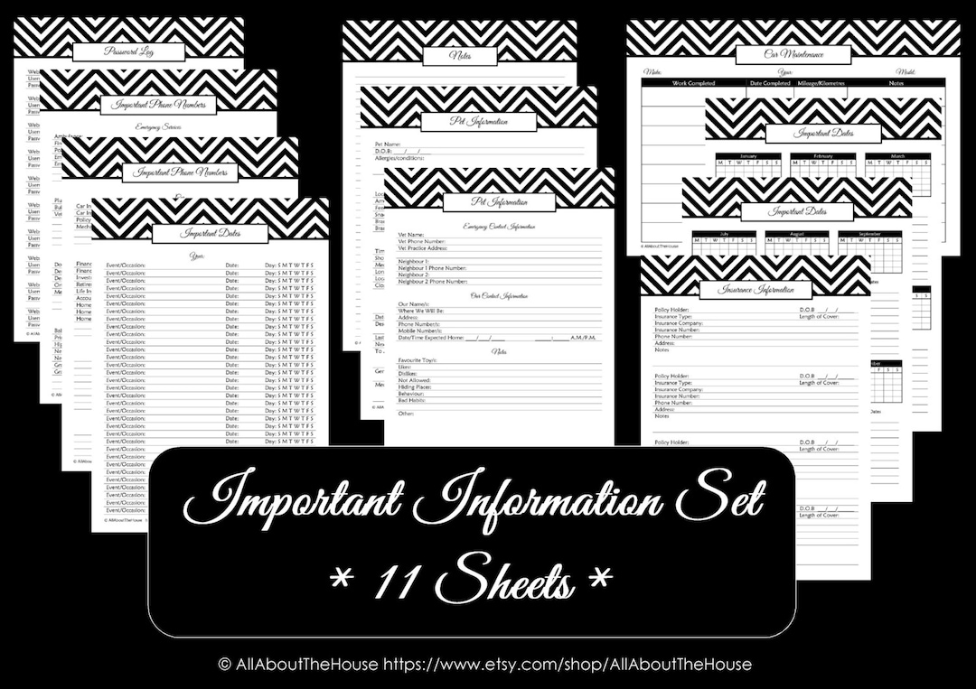 PINK - Important Information Printables - Home Organisation - Household ...