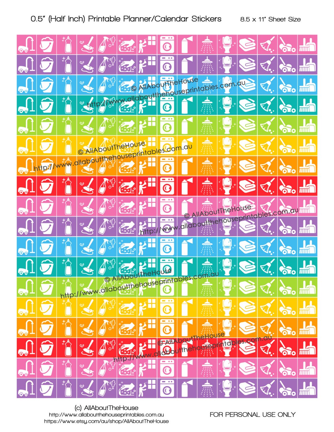 Cleaning Planner Stickers Printable Calender Stickers 1/2" Square ...