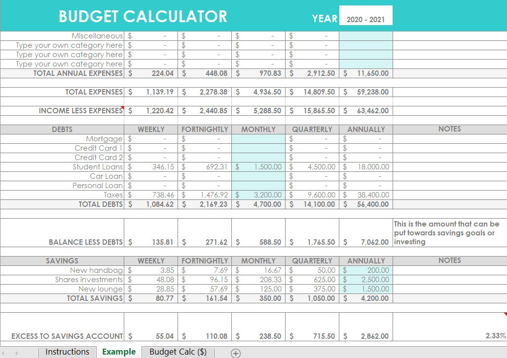 Budget calculator excel spreadsheet income expenses template | Etsy