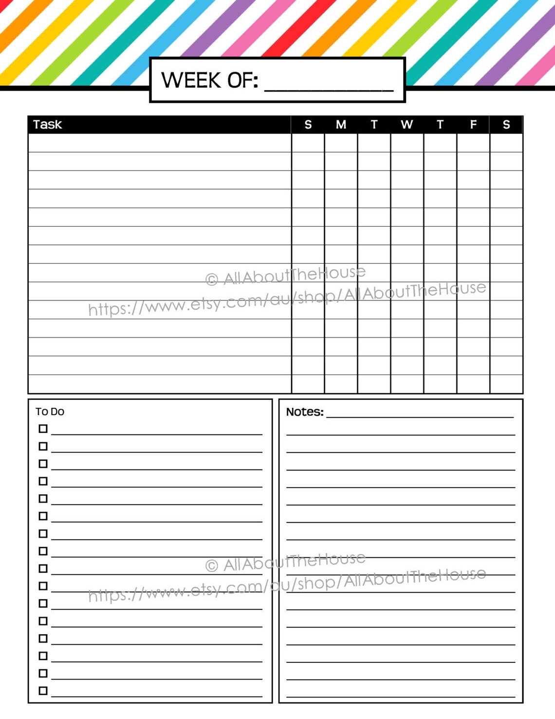 Weekly Planner Printable Rainbow Stripe PDF Editable Fillable | Etsy