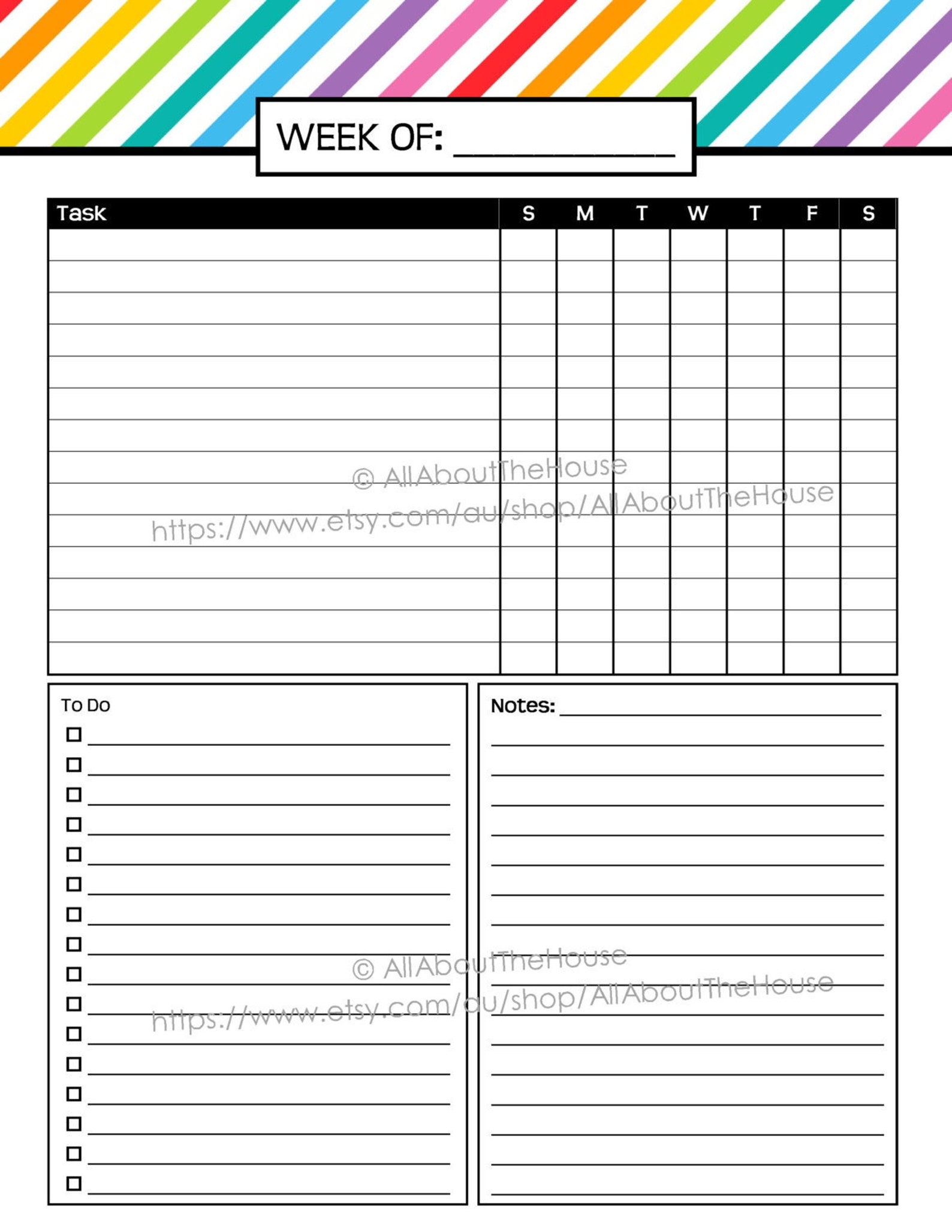 Weekly Planner Printable Rainbow Stripe PDF Editable Fillable | Etsy
