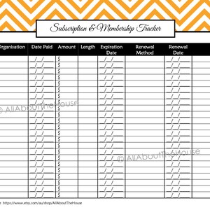 Subscription & Membership Tracker Printable - Organising Printable ...