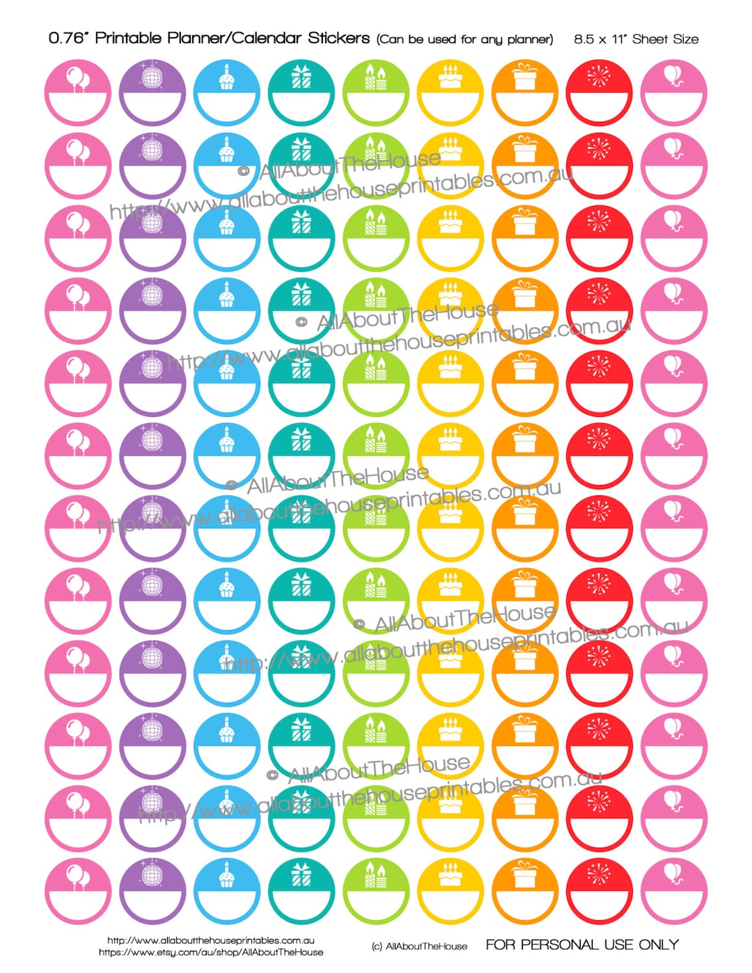 Birthday Planner Stickers Printable 0.76" Reminder Rainbow Planner Made ...