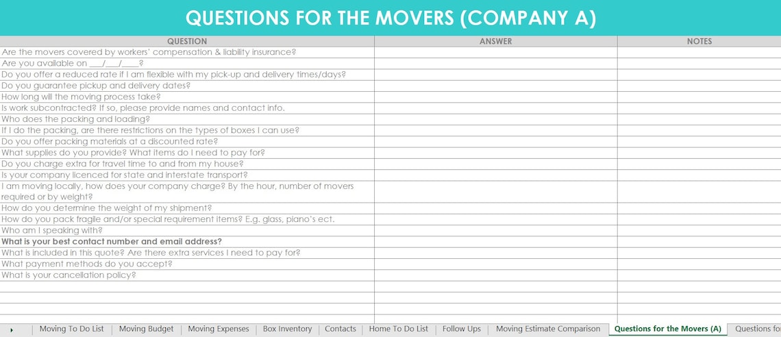 Moving Spreadsheet Planner Checklist Box Labels budget change | Etsy