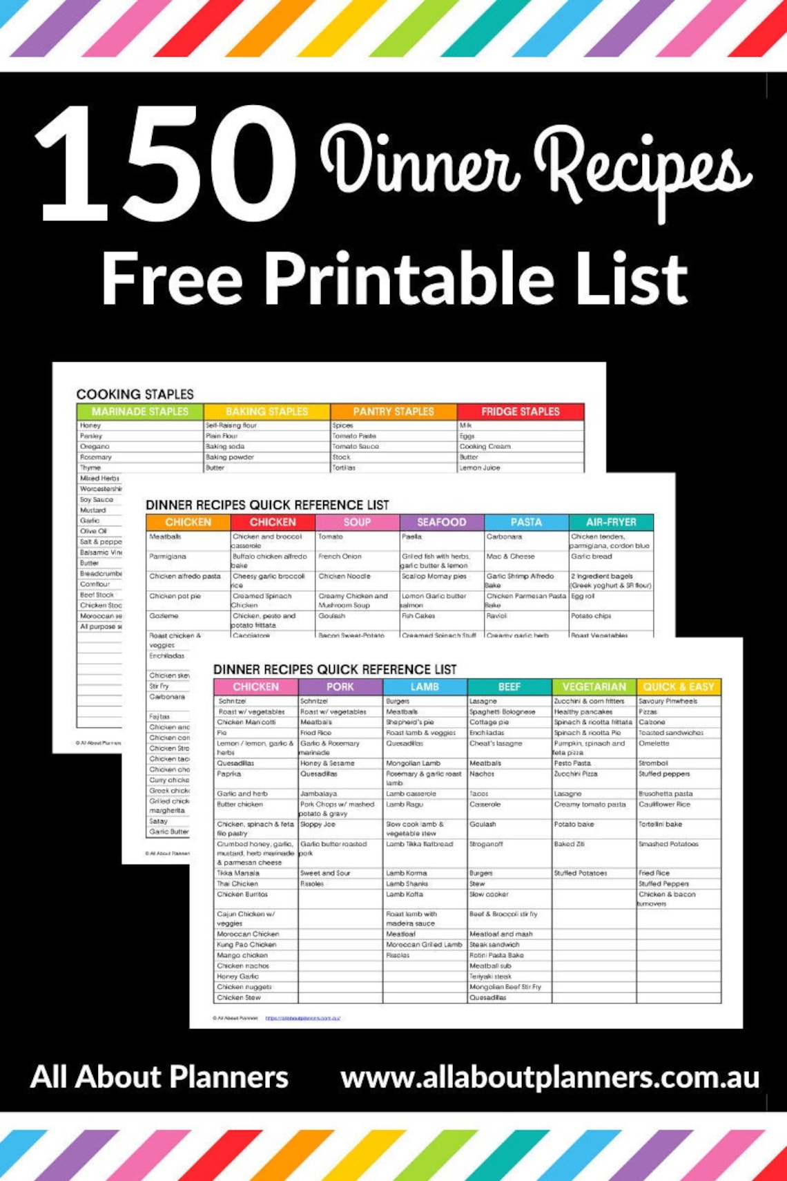 150 Dinner Ideas List Printable Rainbow Meal Planner Print at Any Page ...