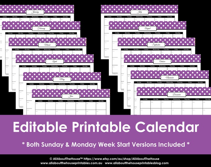 EDITABLE Polka Dot Calendars You Choose 2016 2017 Etc - Etsy Australia