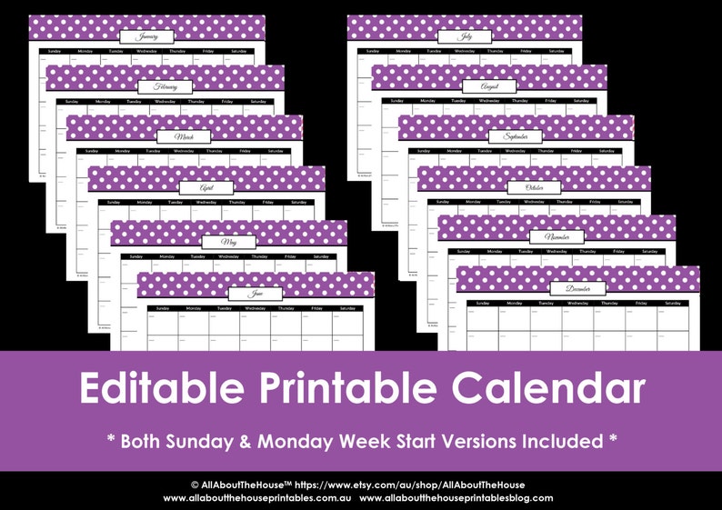 EDITABLE Polka Dot Calendars - You Choose - 2016, 2017 Etc! Perpetual ...