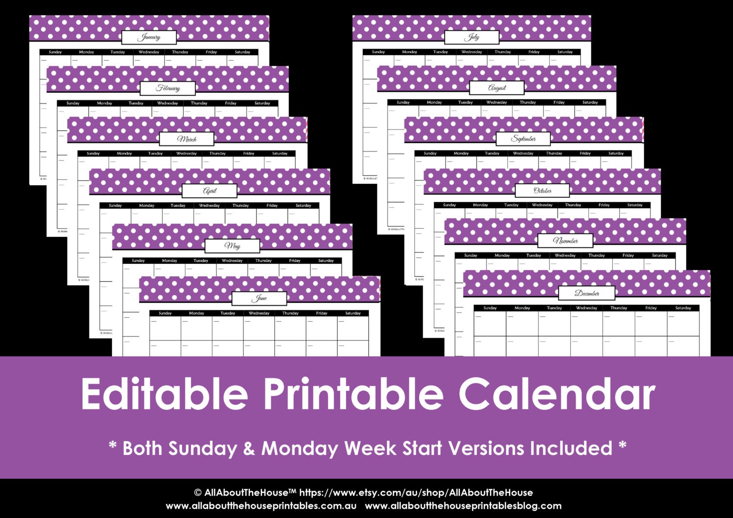 EDITABLE Polka Dot Calendars You Choose 2016 2017 Etc - Etsy