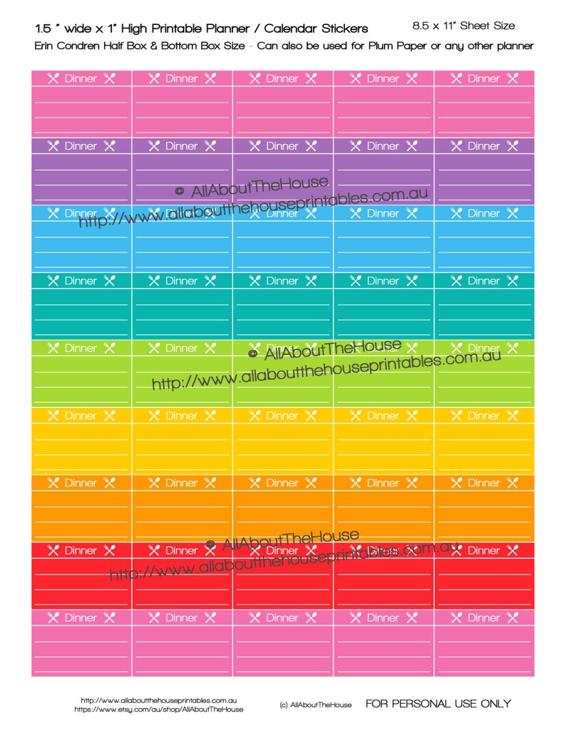 Half Box Dinner Printable Planner Stickers Lined Unlined Use - Etsy