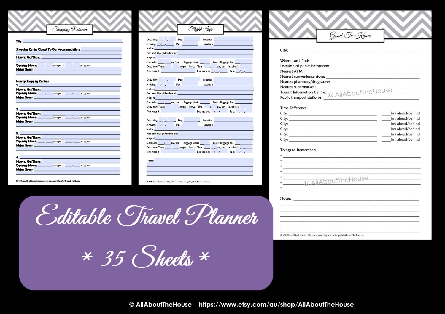 GREY EDITABLE Travel Planner Kit Chevron Printable PDF Printable ...